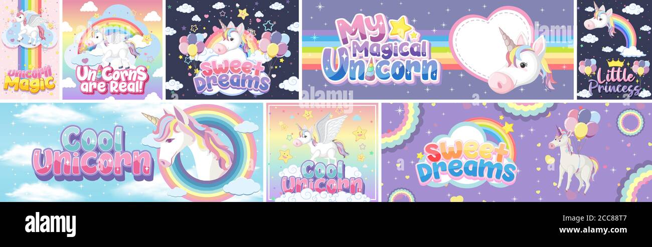 Cute unicorn banner on pastel background color illustration Stock ...