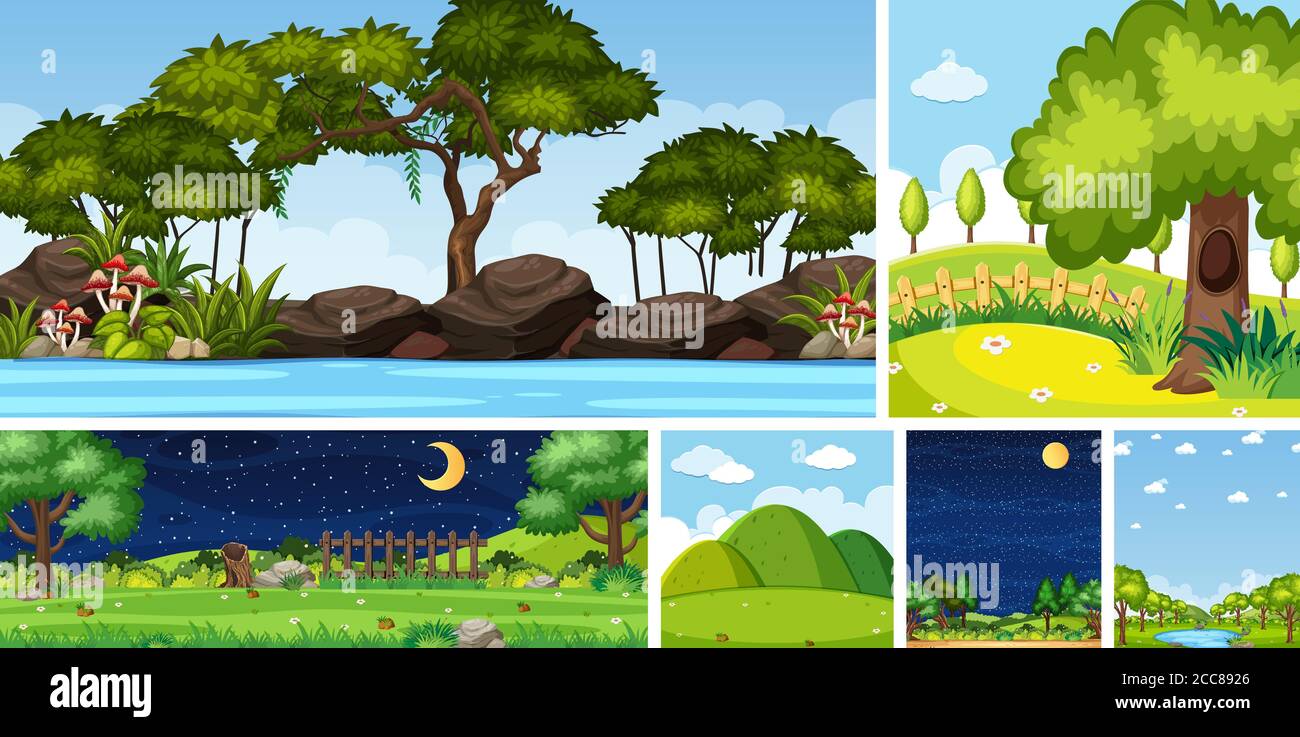Set of different nature place scene in vertical and horizon scenes at ...
