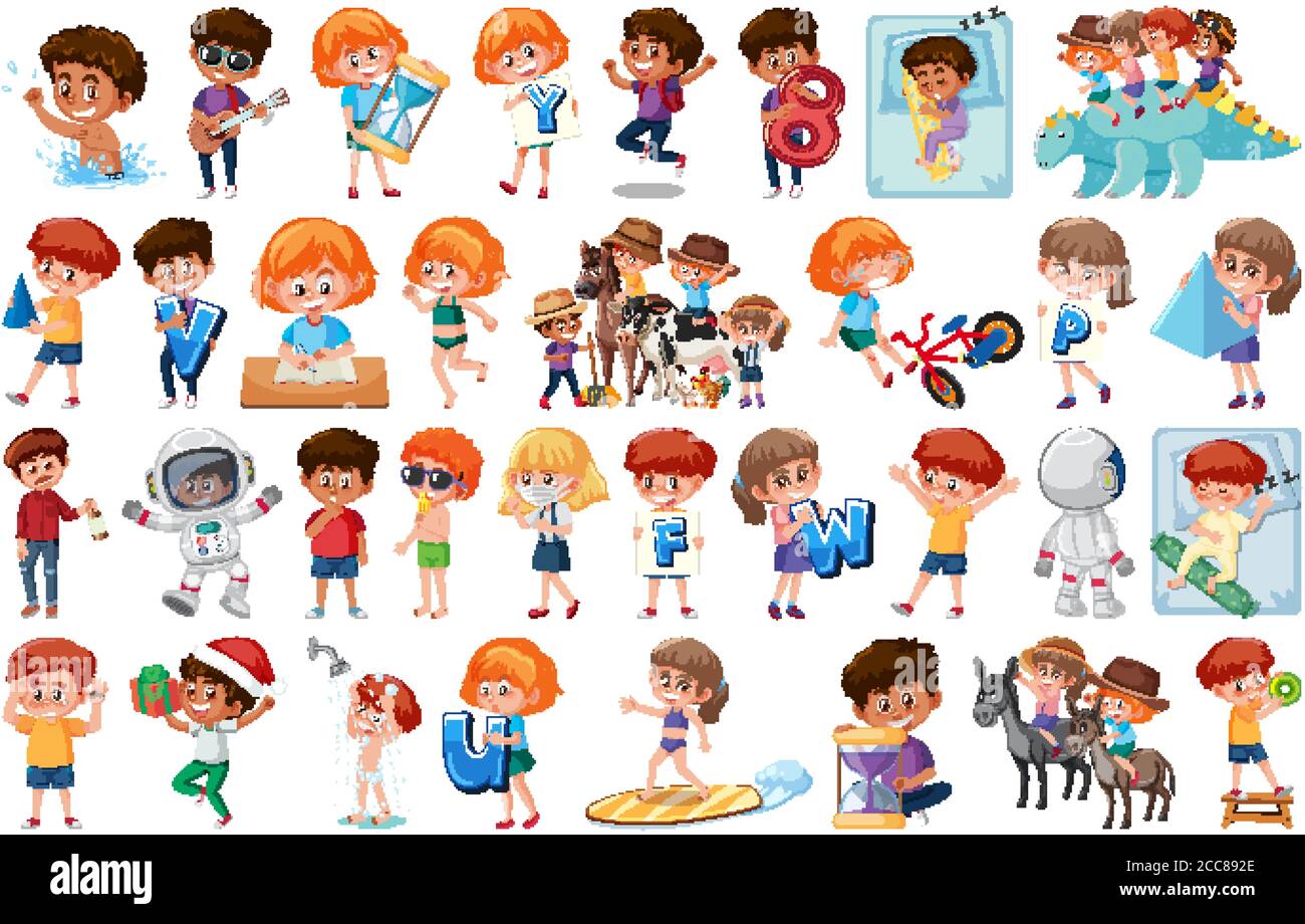 Large set of children doing different activities on white background ...