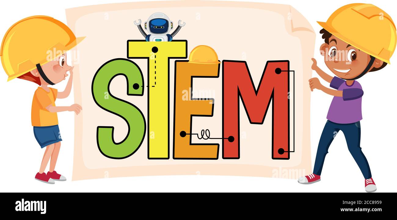 Stem logo with kids wearing engineer costume isolated illustration ...