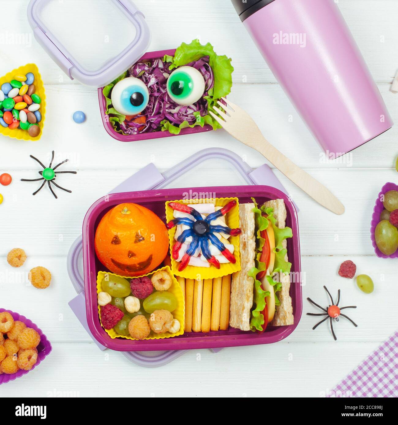 Halloween lunch box with school lunch with sandwich, fruits and ...