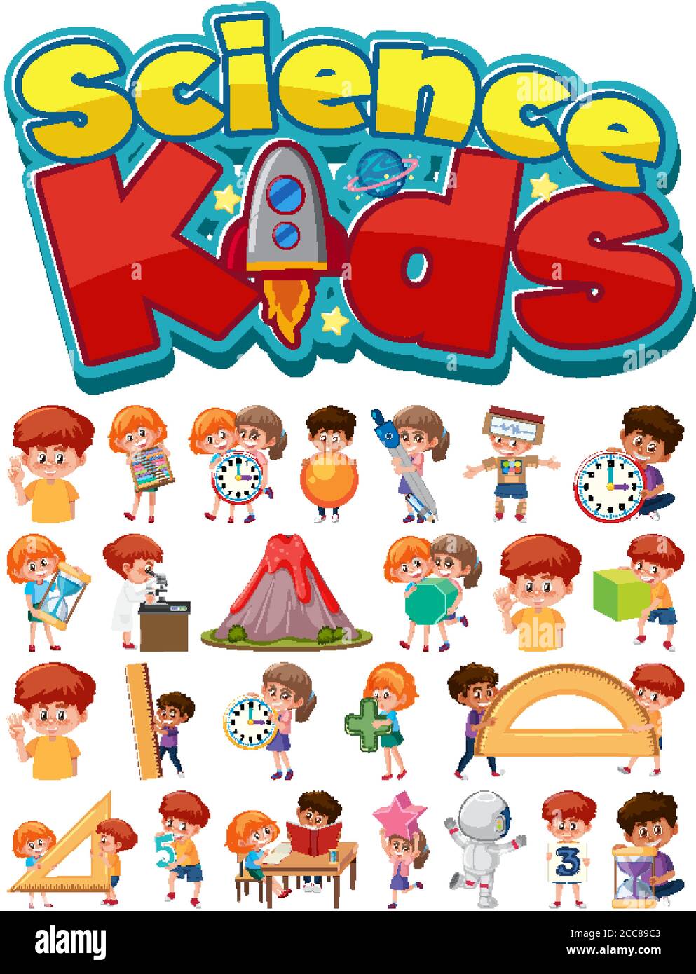 Science kids logo and set of children with education objects isolated ...