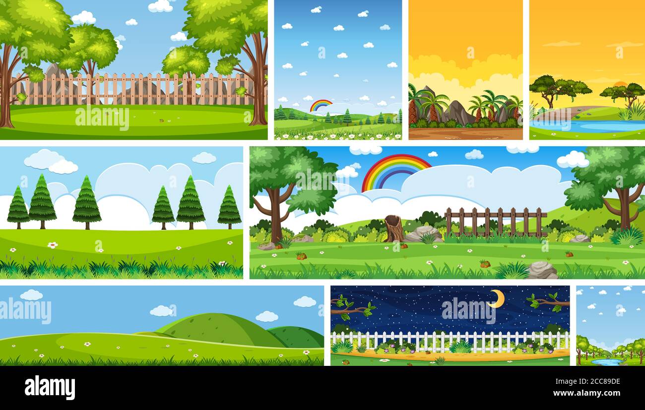 Set of different nature place scene in vertical and horizon scenes at ...