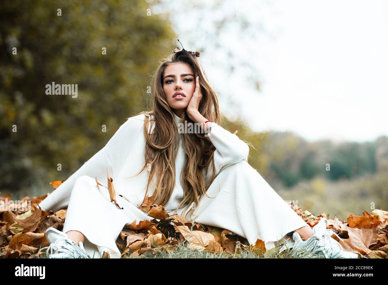 Autumn portrait of fashion girl. Outdoor beauty portrait woman, vogue ...