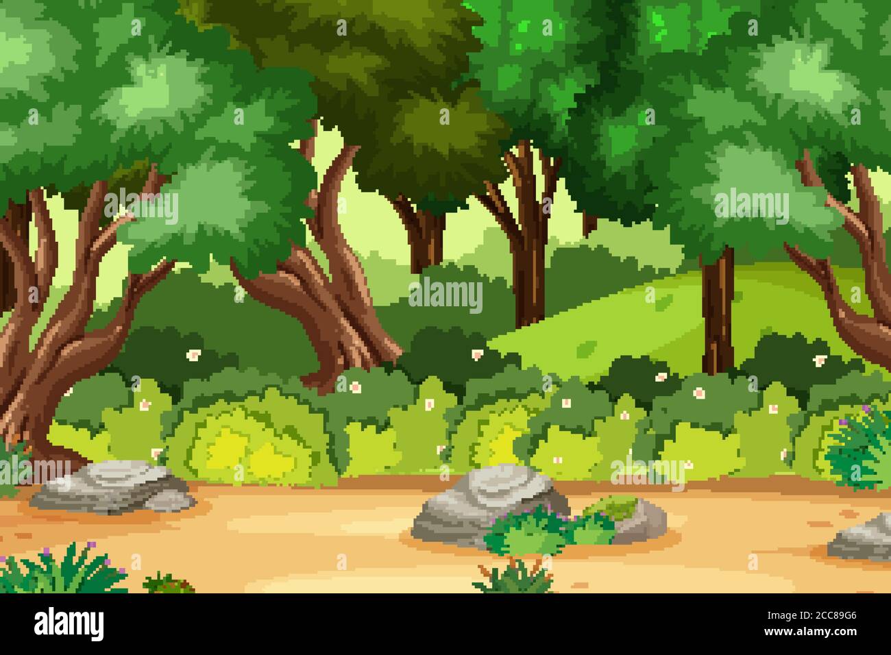 Empty nature scenes with green trees in the forest illustration Stock ...