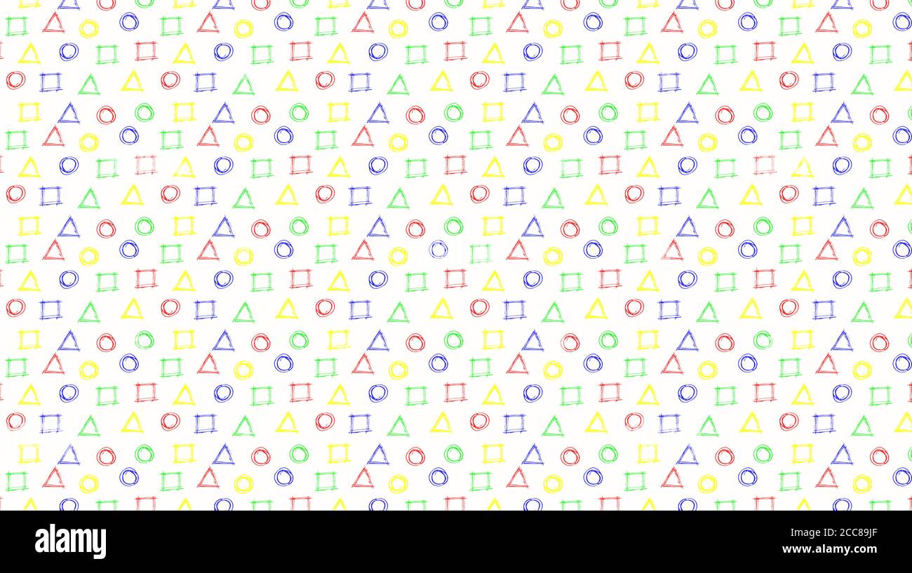 Multi color pattern of squares, circles, and triangles on white ...