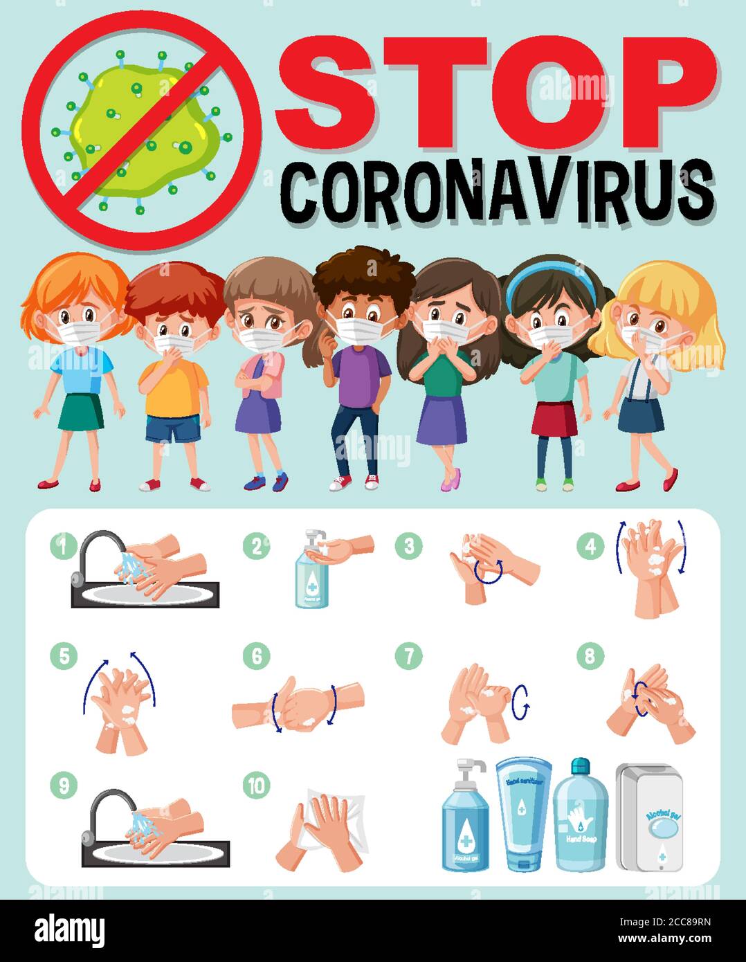 Stop coronavirus logo with group of teenager wearing mask with step of ...