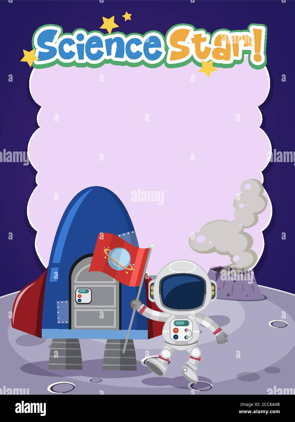 Science star logo with blank banner and astronaut with space objects ...