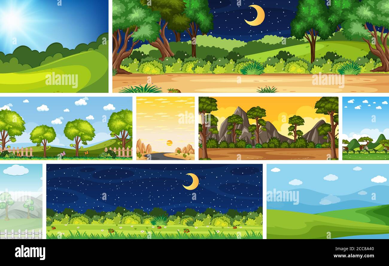 Set of different nature place scene in vertical and horizon scenes at ...