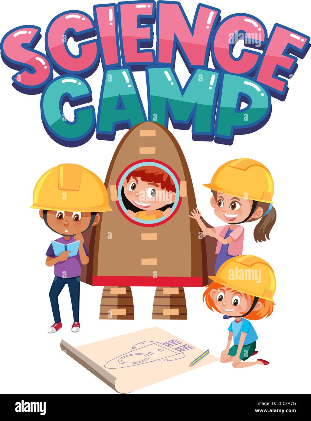 Science camp logo with children wearing engineer costume isolated ...