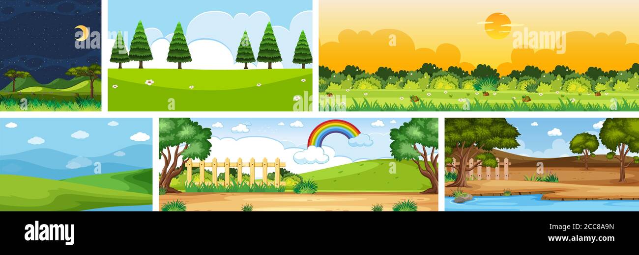 Set of different nature place scene in vertical and horizon scenes at ...