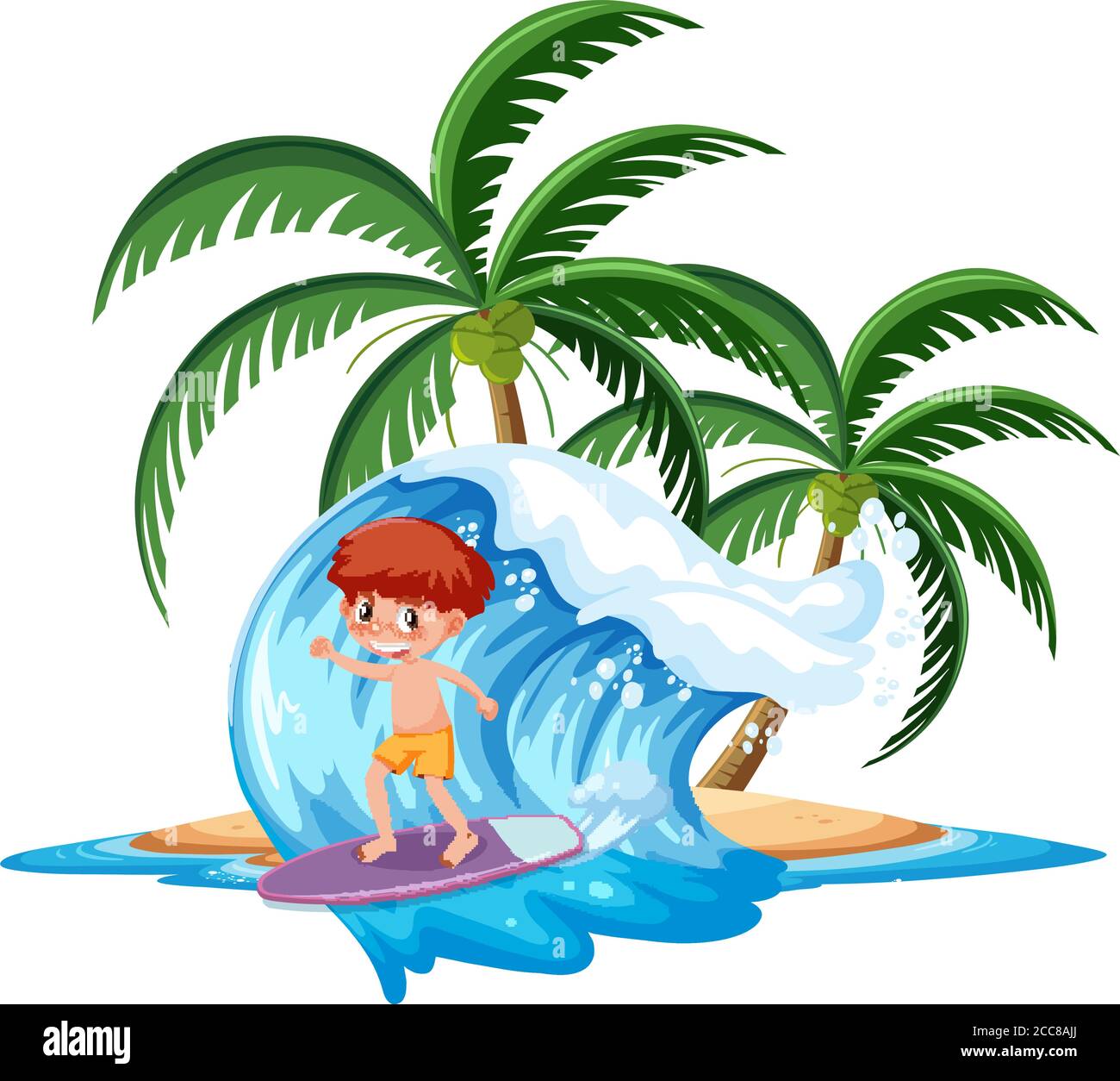 Boy on the tropical island surfing board on wave cartoon character on ...