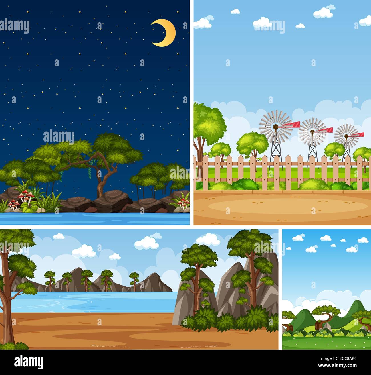 Four background different nature scenes with green trees in different ...