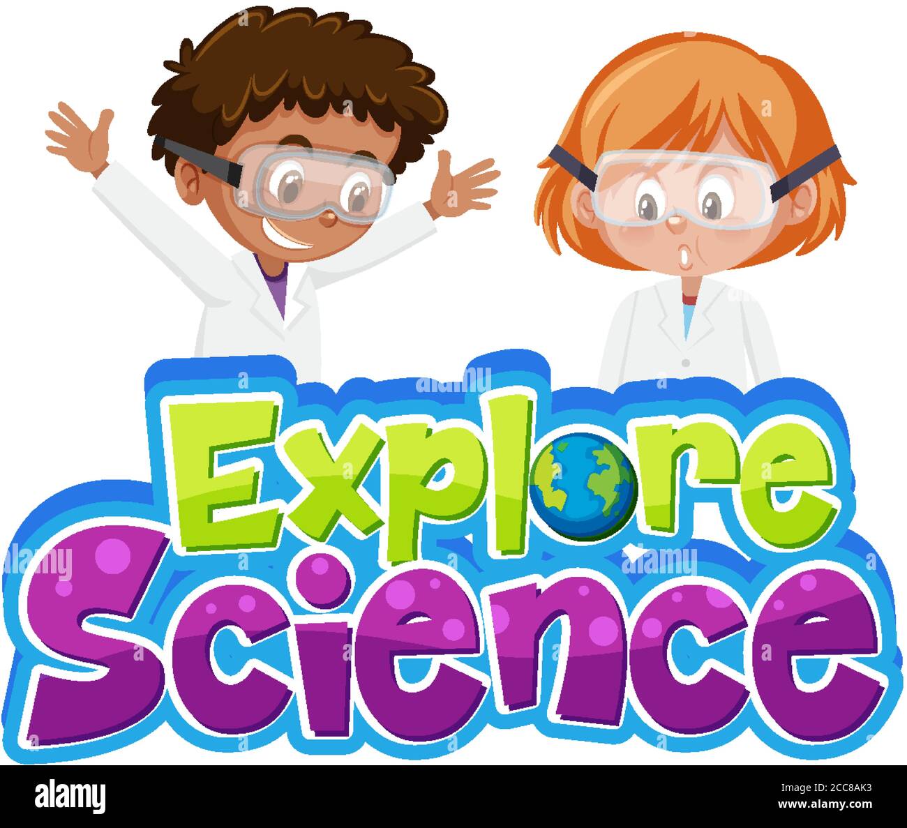 Explore science logo and two kids wearing scientist costume isolated ...