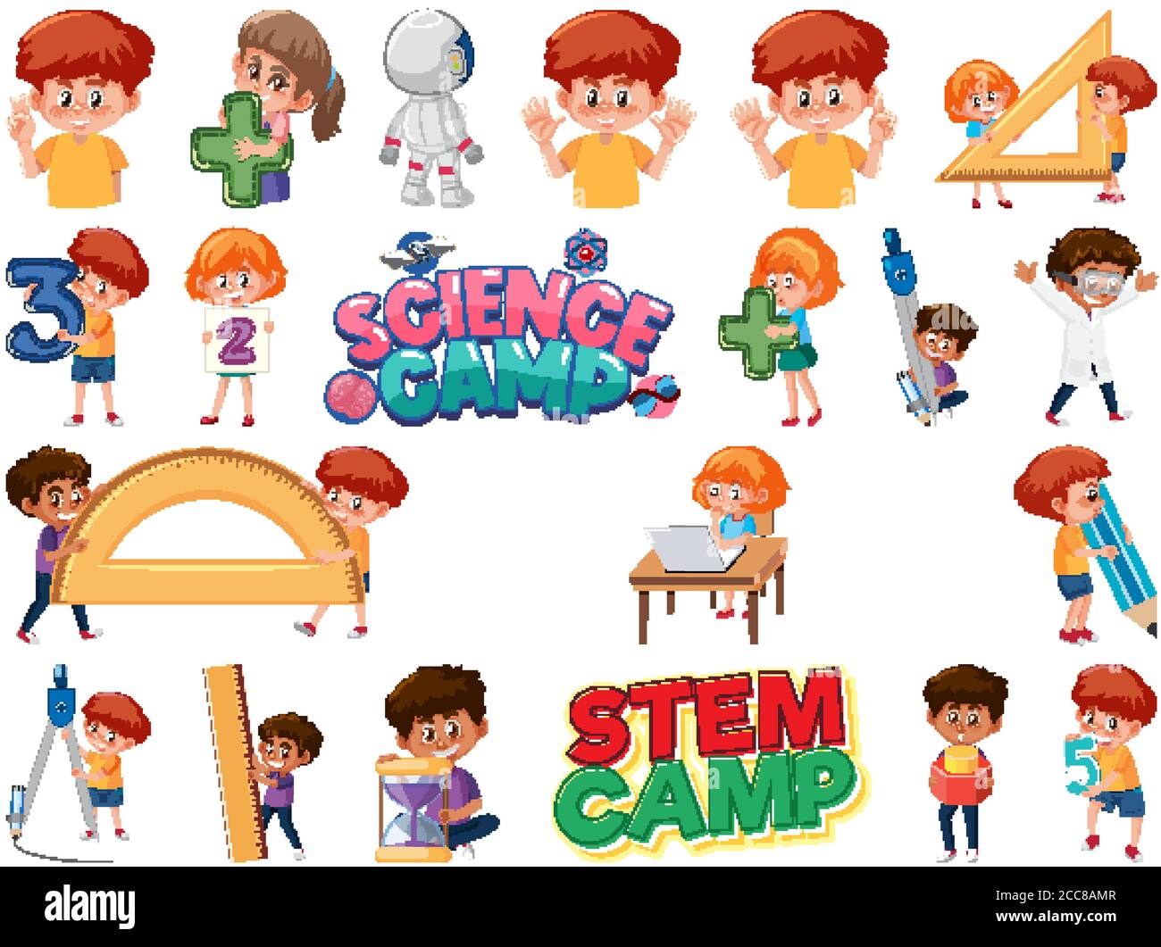 Set of children with education objects isolated illustration Stock ...