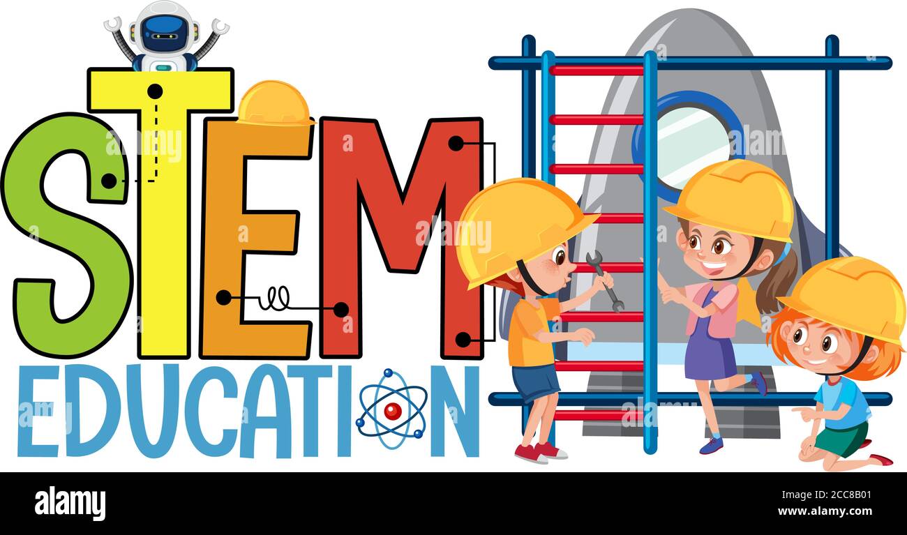Stem education logo with kids wearing engineer costume isolated ...