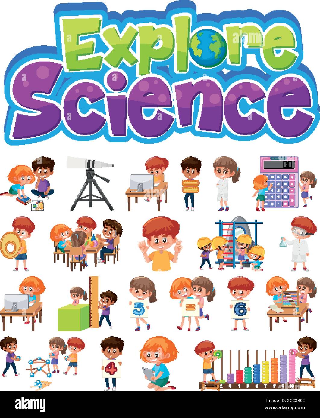 Explore science logo and set of children with education objects ...