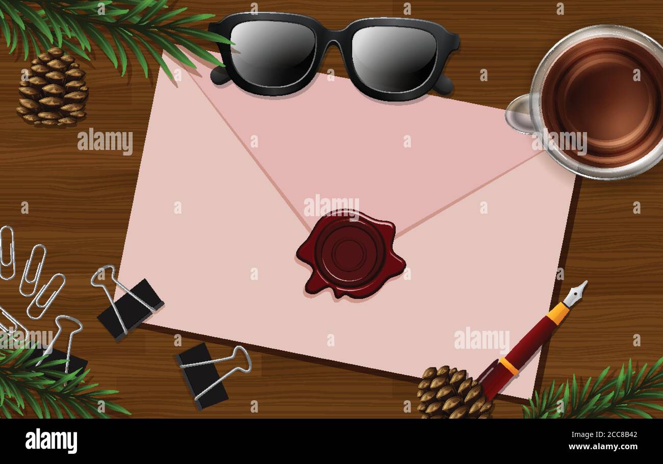Letter close up on desk background with glasses and some leaves props ...