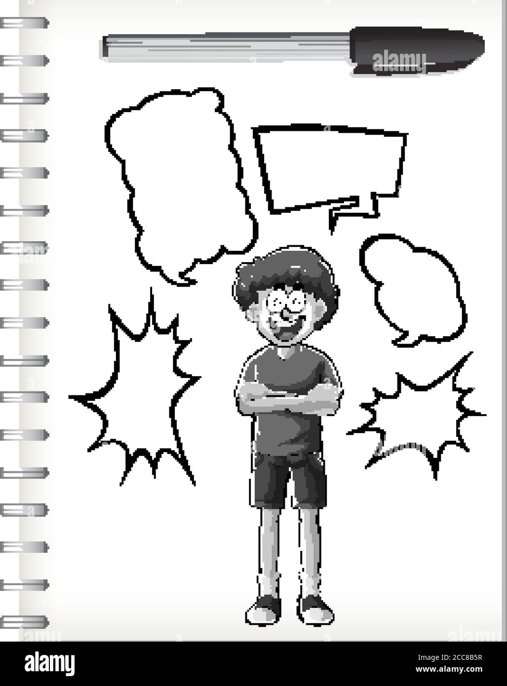 Boy thinking with shape doodle on notebook on white background ...