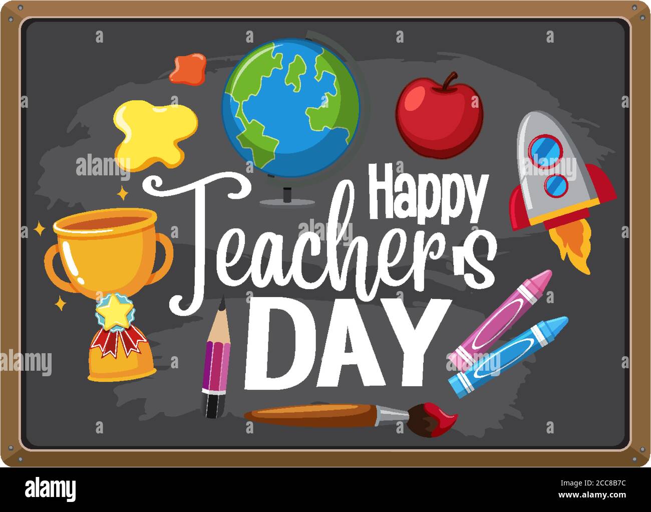 Happy Teacher's Day sign with set of stationary elements on blackboard ...