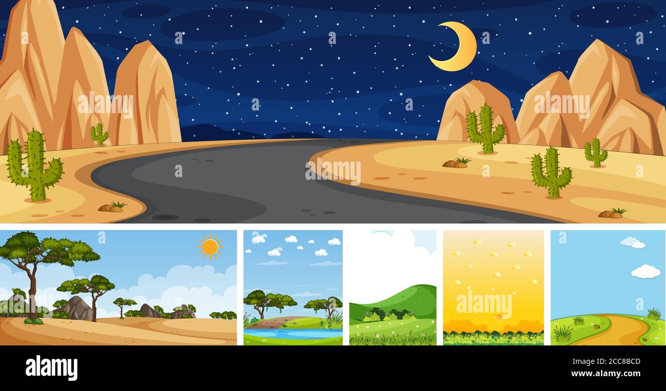 Set of different nature place scene in vertical and horizon scenes at ...