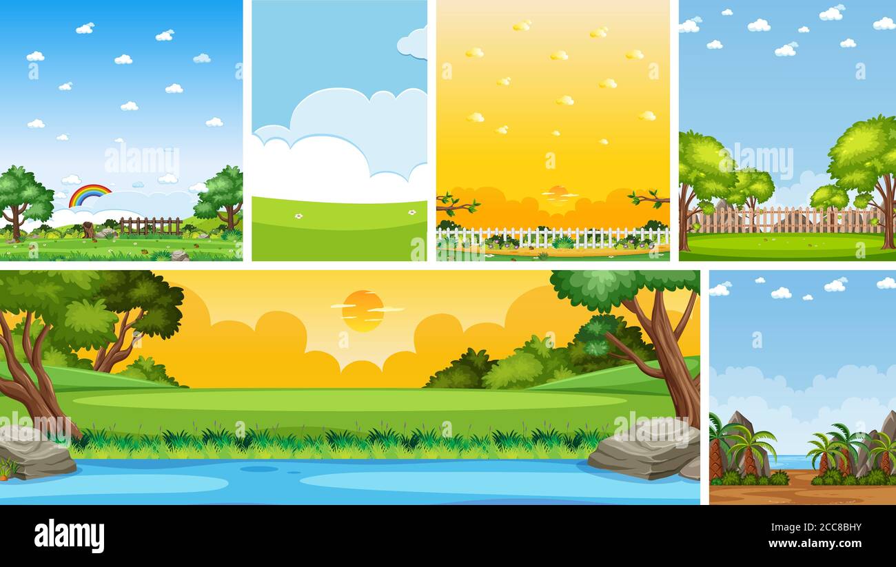 Set of different nature place scene in vertical and horizon scenes at ...