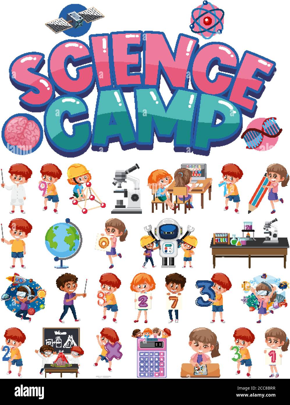 Science camp logo and set of children with education objects isolated ...