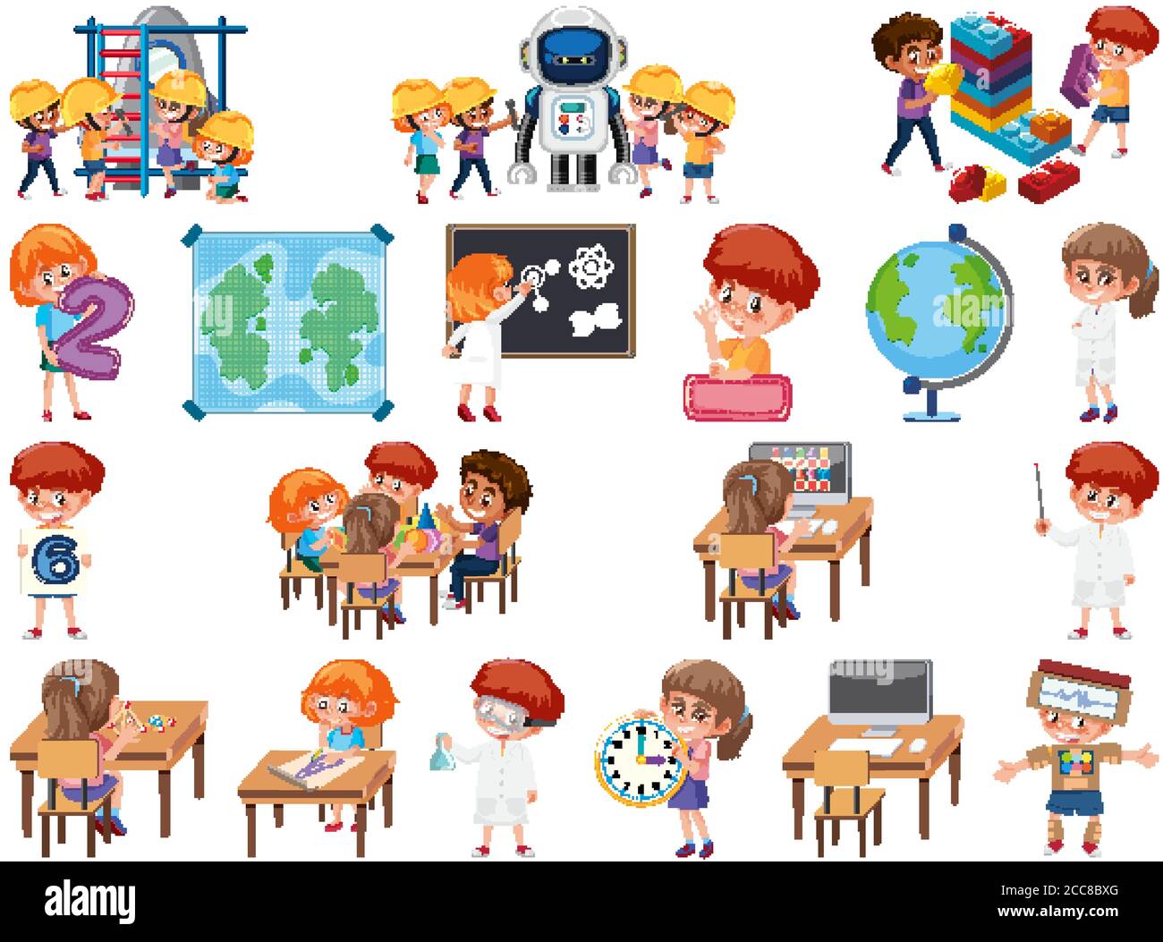Set of children with education objects isolated illustration Stock ...
