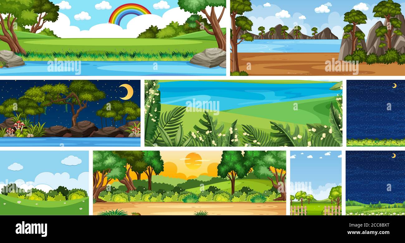 Set of different nature place scene in vertical and horizon scenes at ...