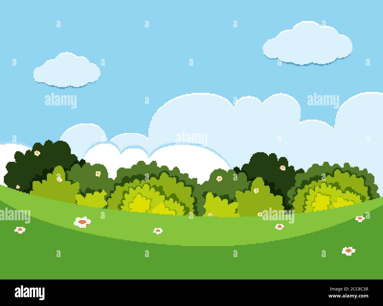 Empty nature scenes with green meadow and blank blue sky illustration ...