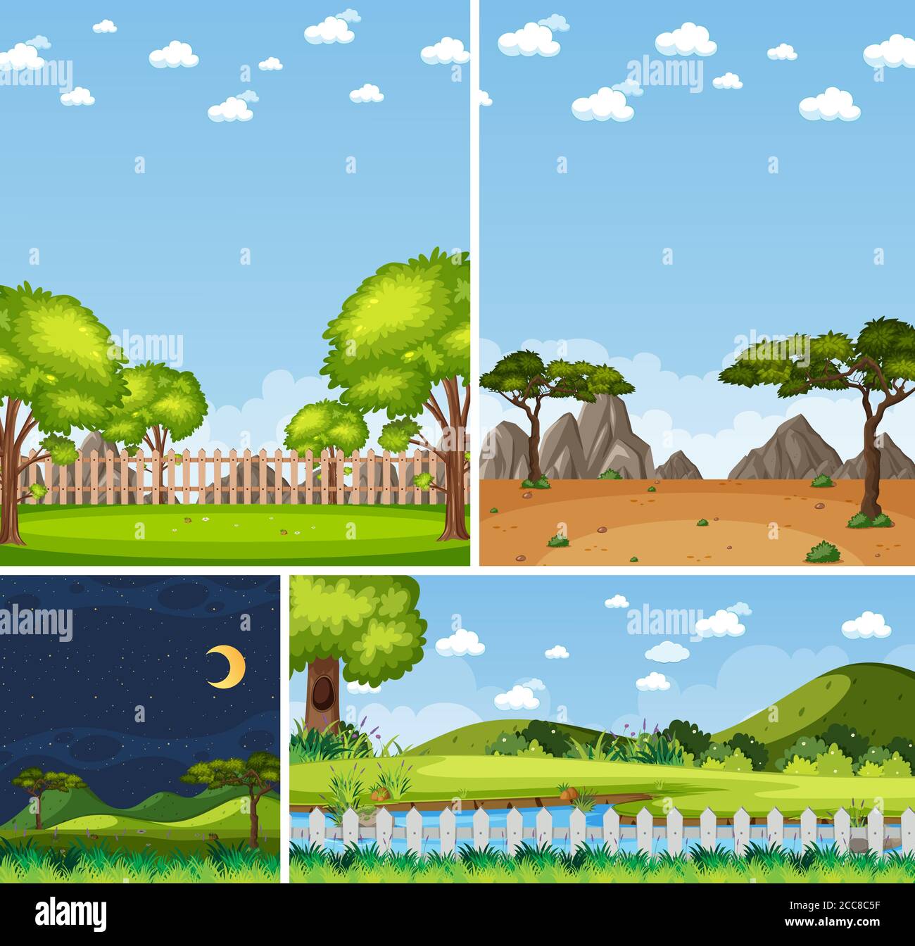 Four background different nature scenes with green trees in different ...