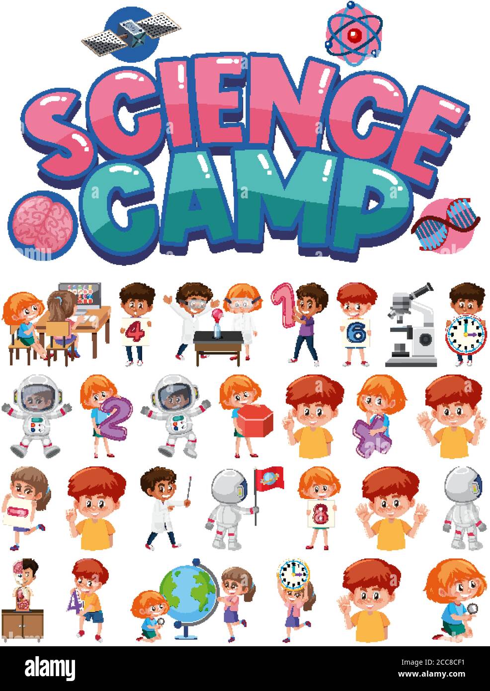 Science camp logo and set of children with education objects isolated ...