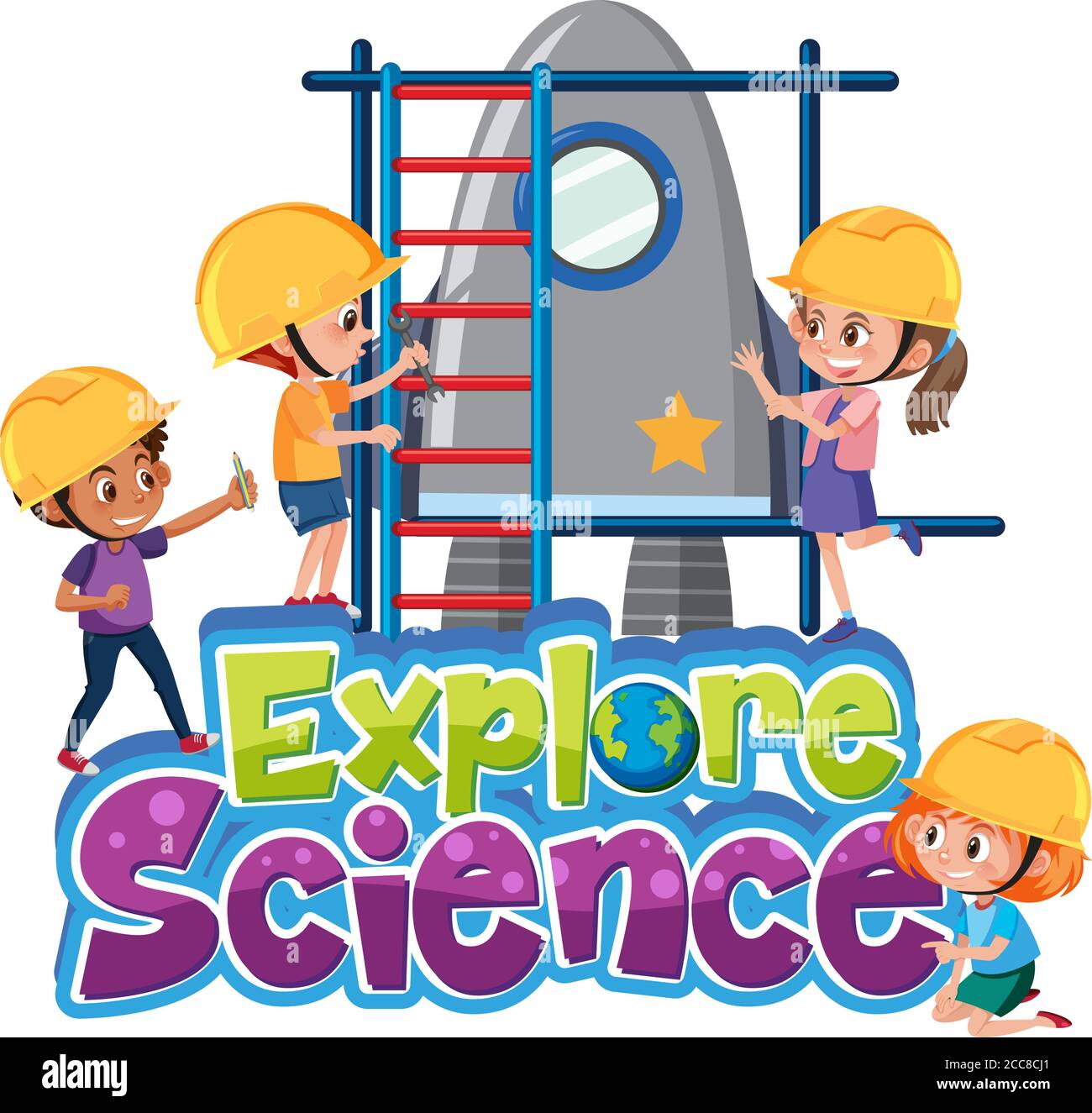 Explore science logo with kids wearing engineer isolated illustration ...