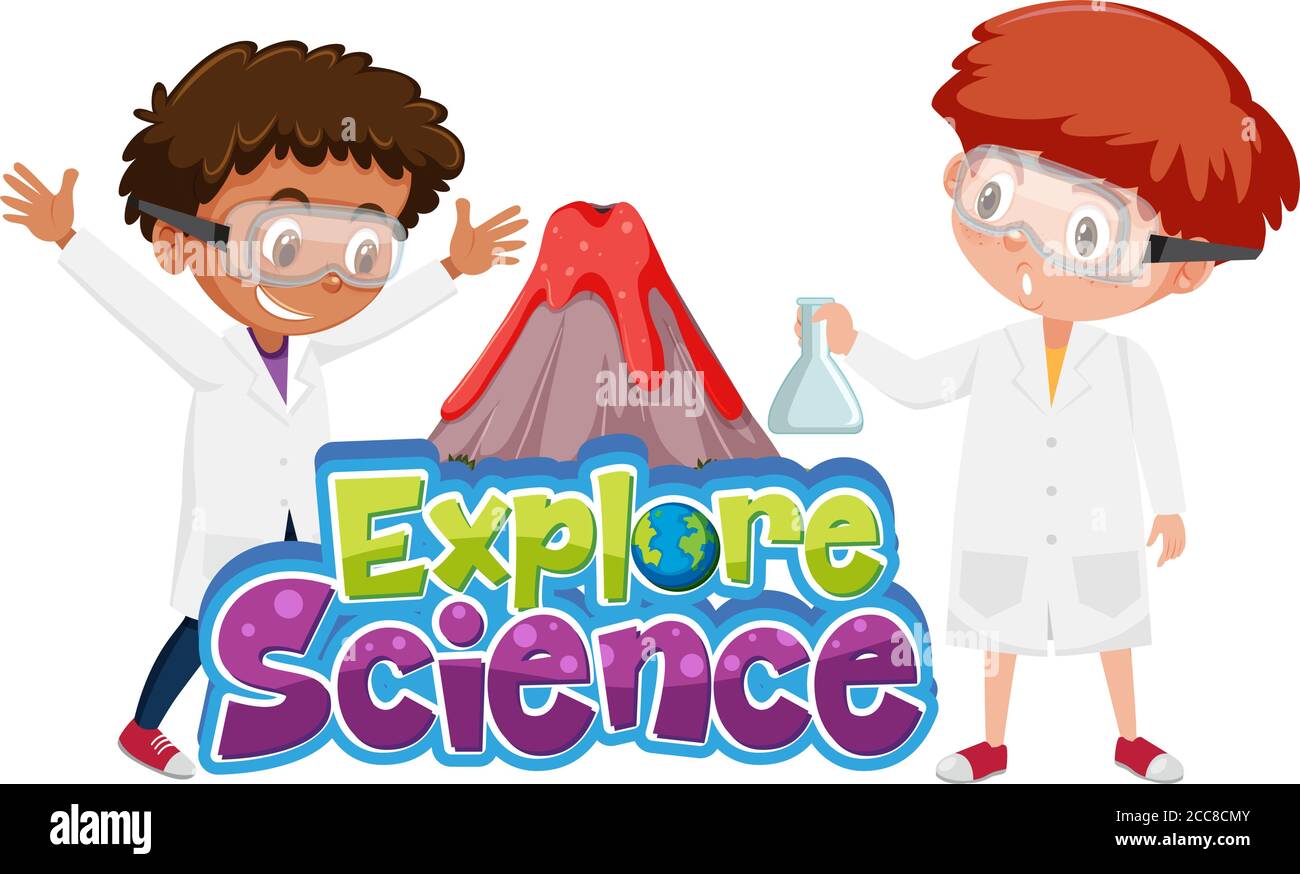 Explore science logo and children with volcano science experiment ...