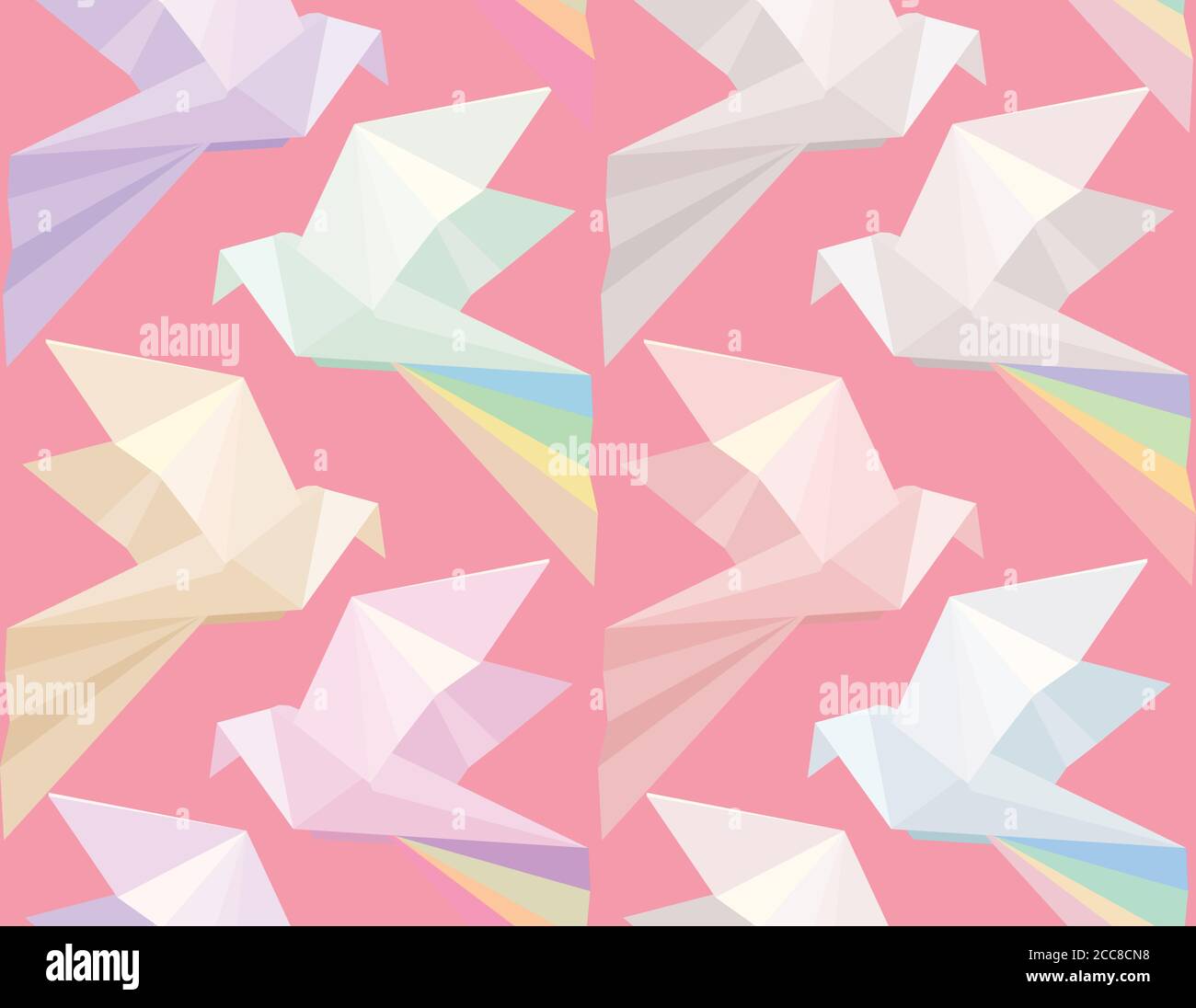 Seamless texture with multi colored origami doves on a pink background ...