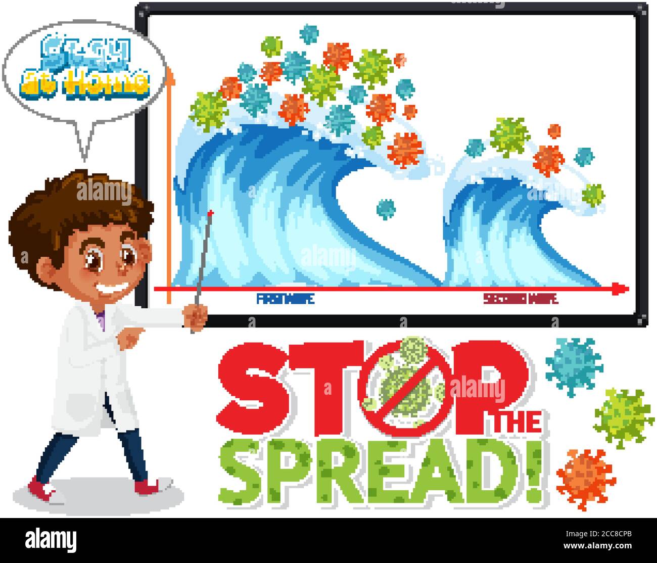 Stop spreading the coronavirus with second wave graph illustration ...