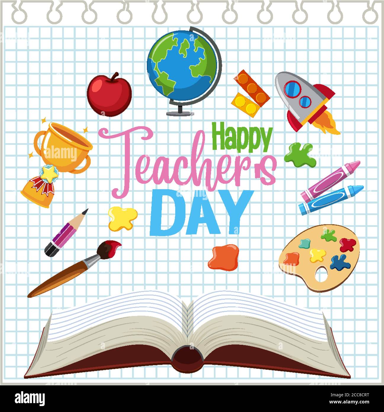 Happy Teacher's Day sign with set of stationary elements on note ...