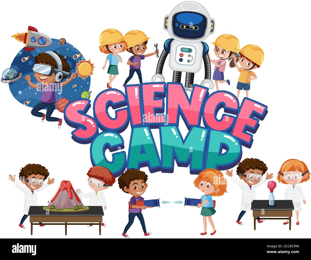 Science camp logo and set of children with education objects isolated ...