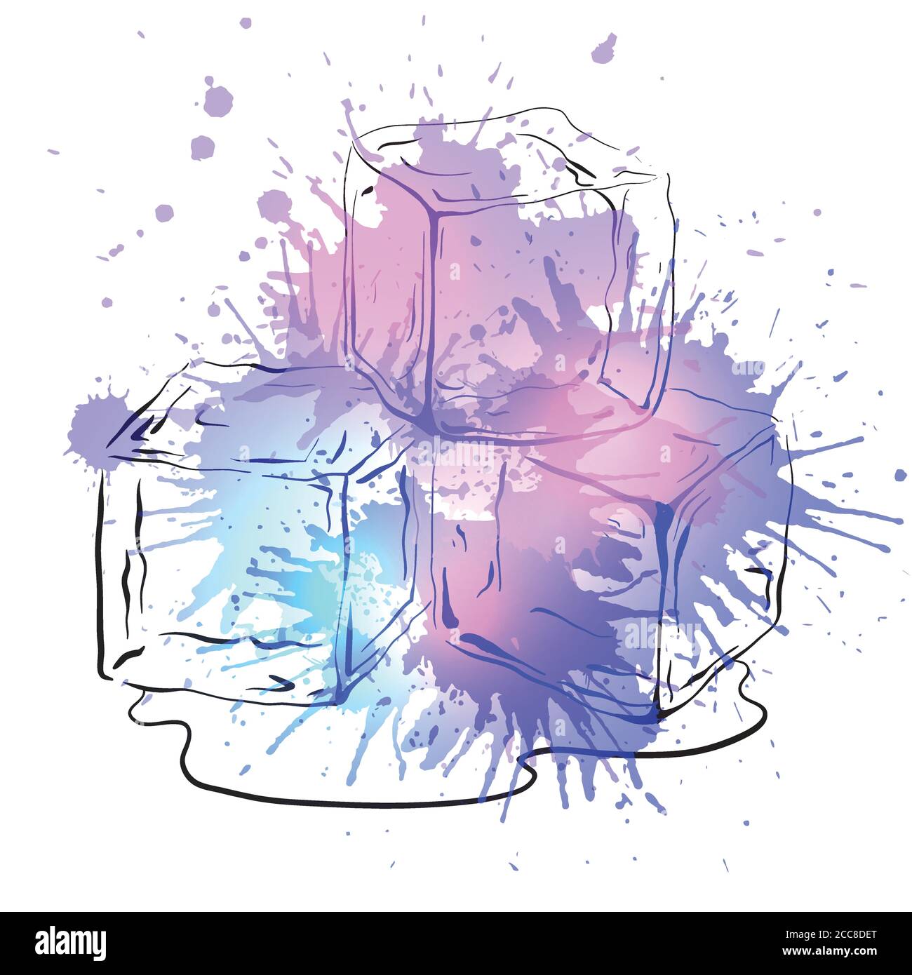 Hand drawn ice cubes with watercolor splashes. Vector illustration for ...