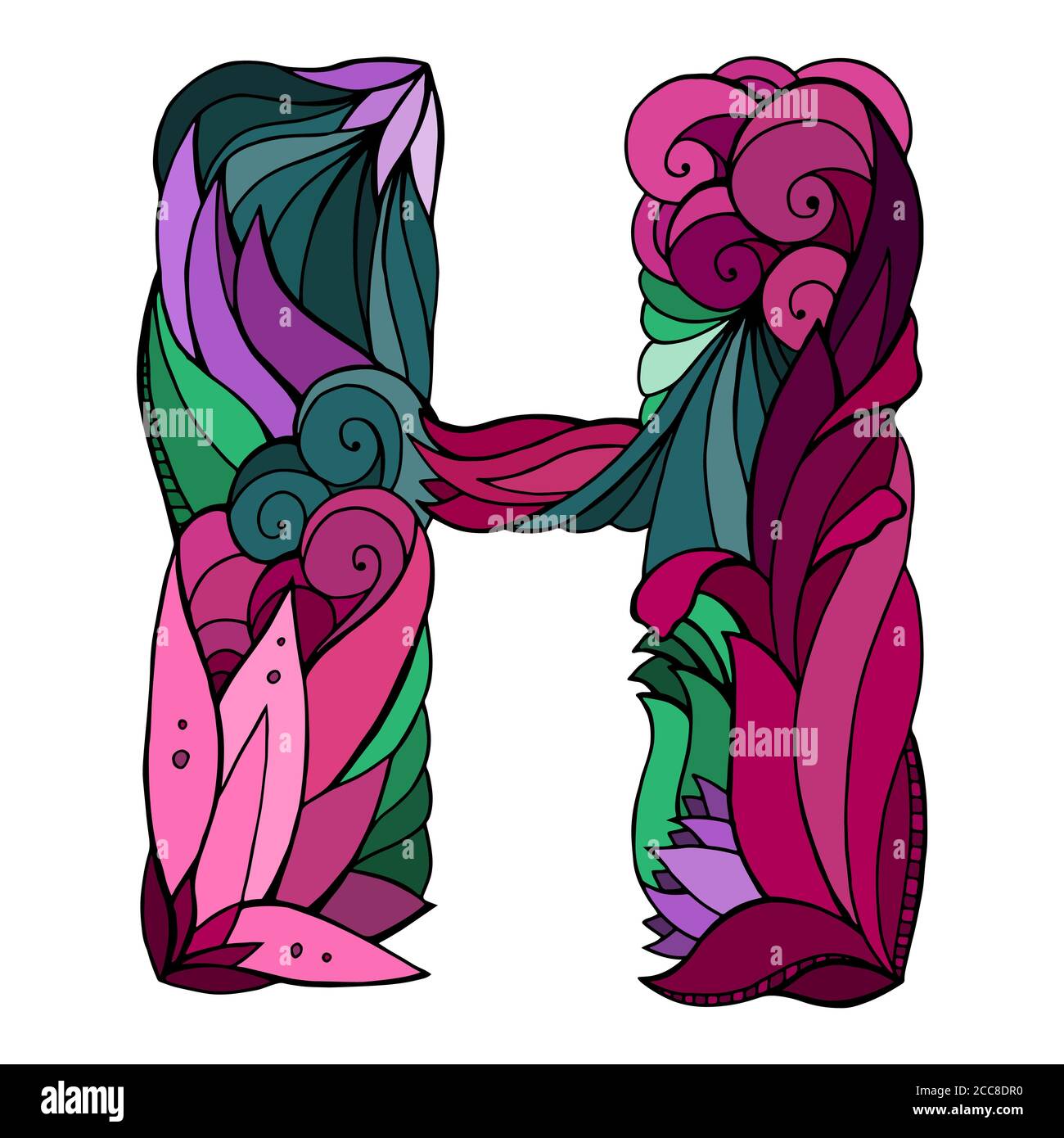 Coloring freehand drawing capital letter H with floral doodle pattern ...