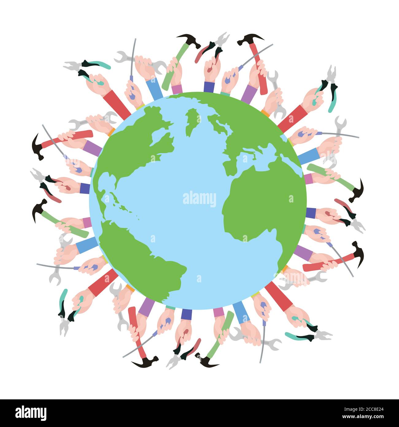 Postcard to the Day of Labour. Planet Earth and working with tools ...