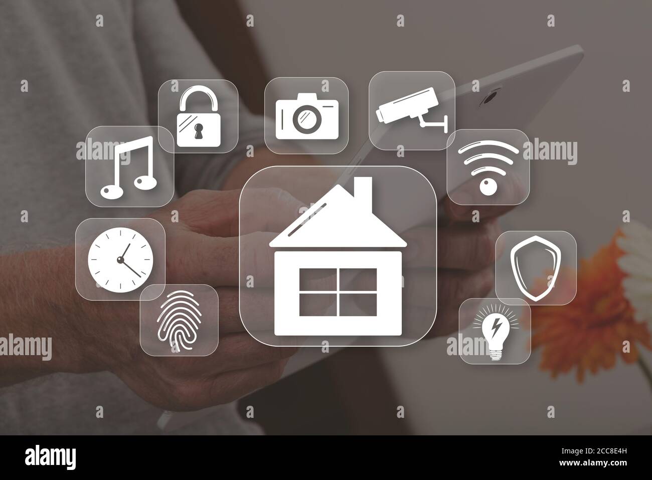 Smart home automation concept illustrated by a picture on background ...