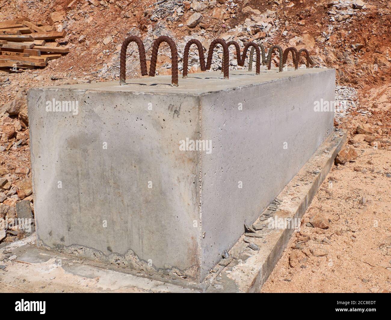 Concrete foundations with metal reinforcement extensions in the trench ...