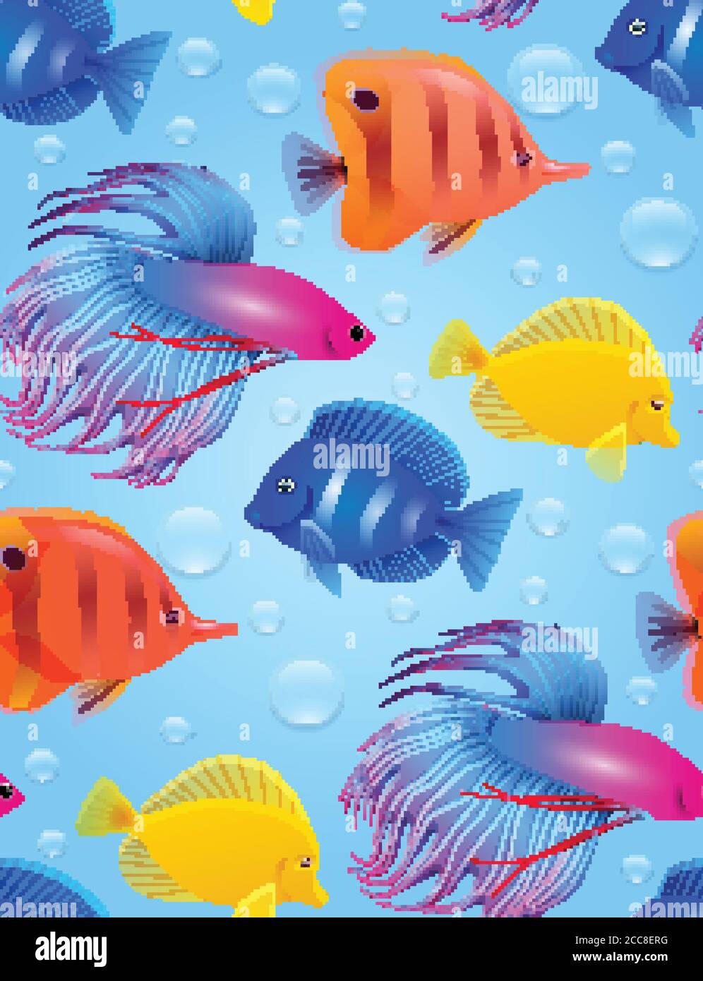 Seamless texture with sea tropical fish and bubbles. Vector bright ...