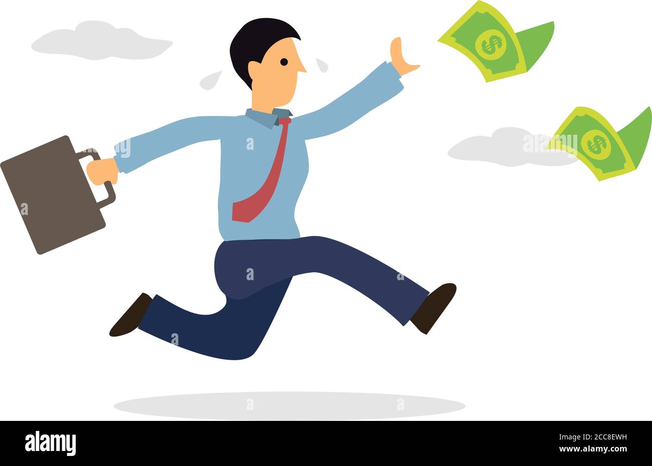 Businessman chasing money flying in the air. Cartoon character isolated ...