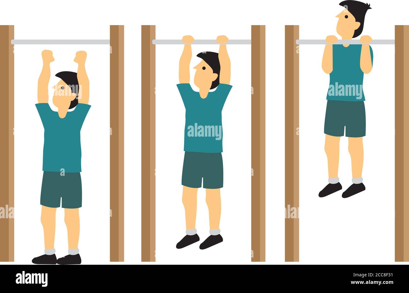Man in green doing pull-up exercise in three steps. Flat isolated ...