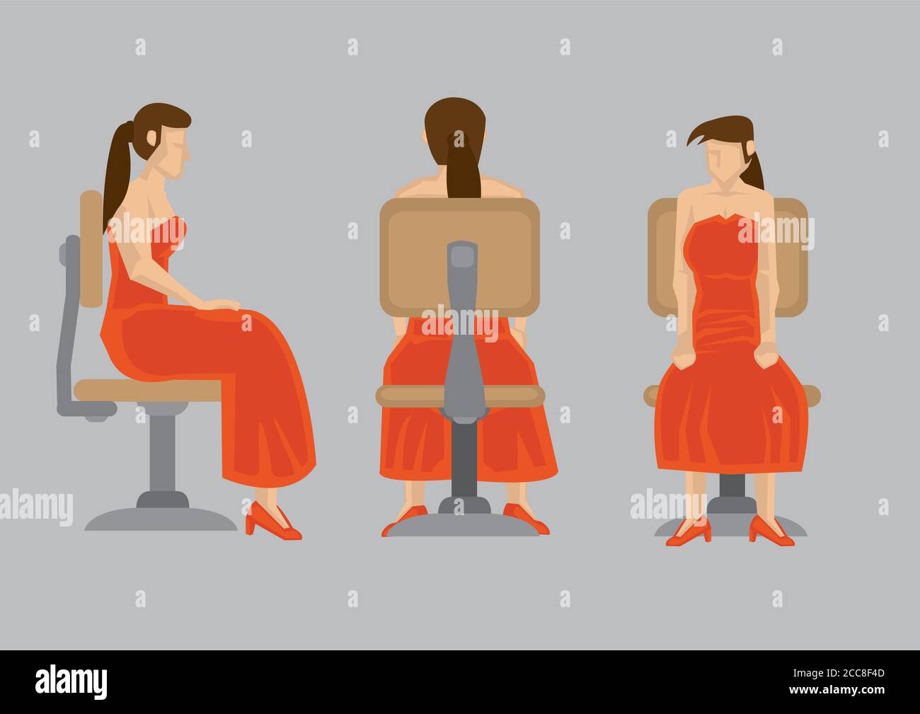 Front view, back view and side view of a lady in red dress sitting on a ...