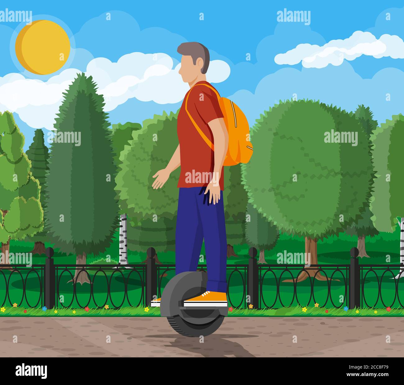 Guy on monocycle wheel. Man with backpack riding electric self ...