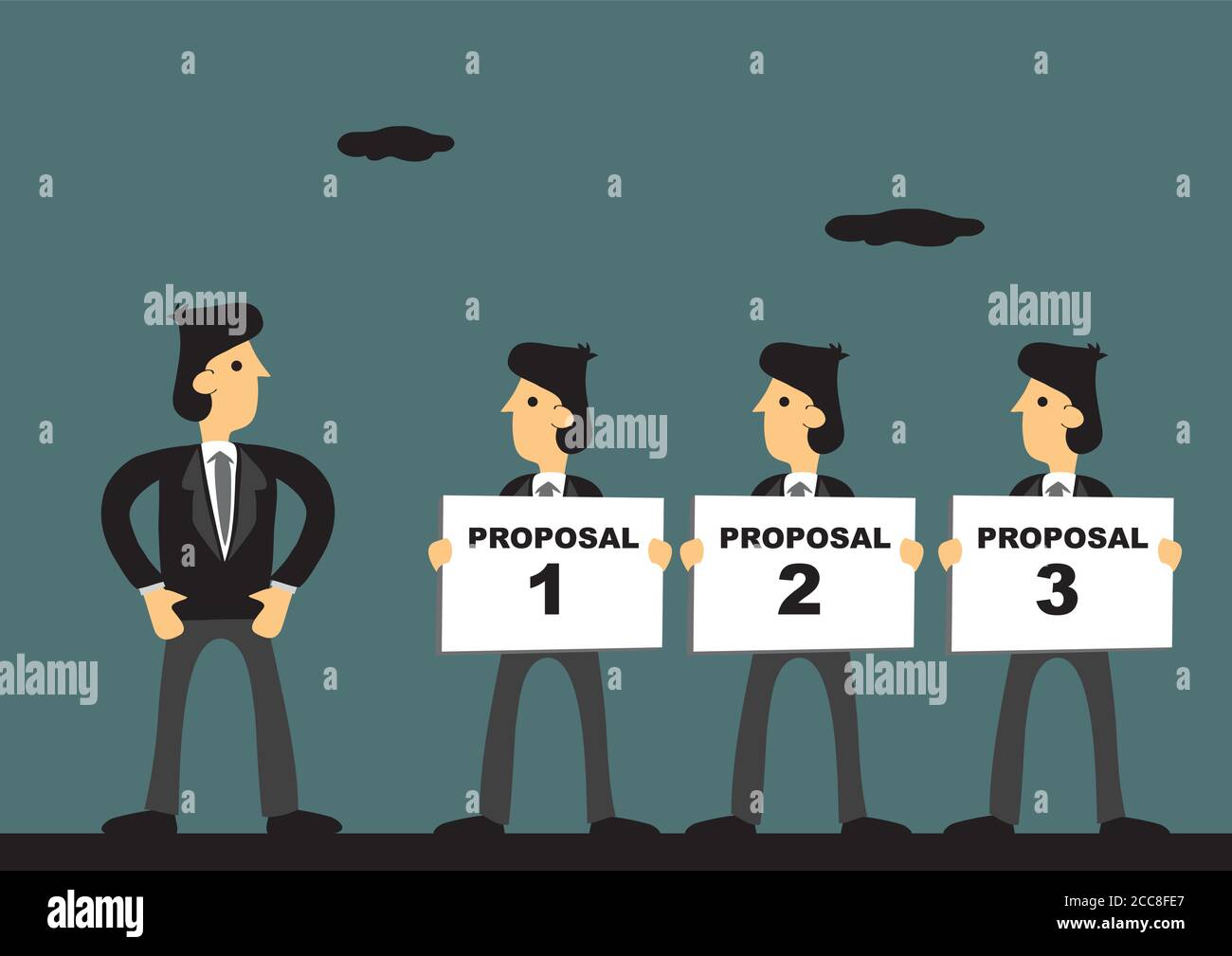 Three cartoon businessmen holding business proposals for client to ...