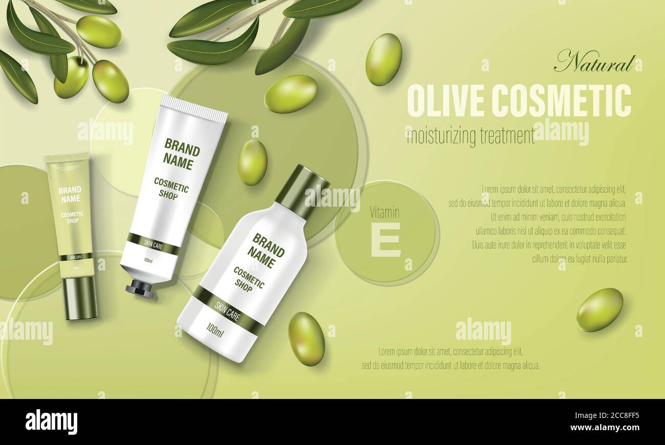 Cosmetic poster ad. Realistic glass jar with green olives, circular ...